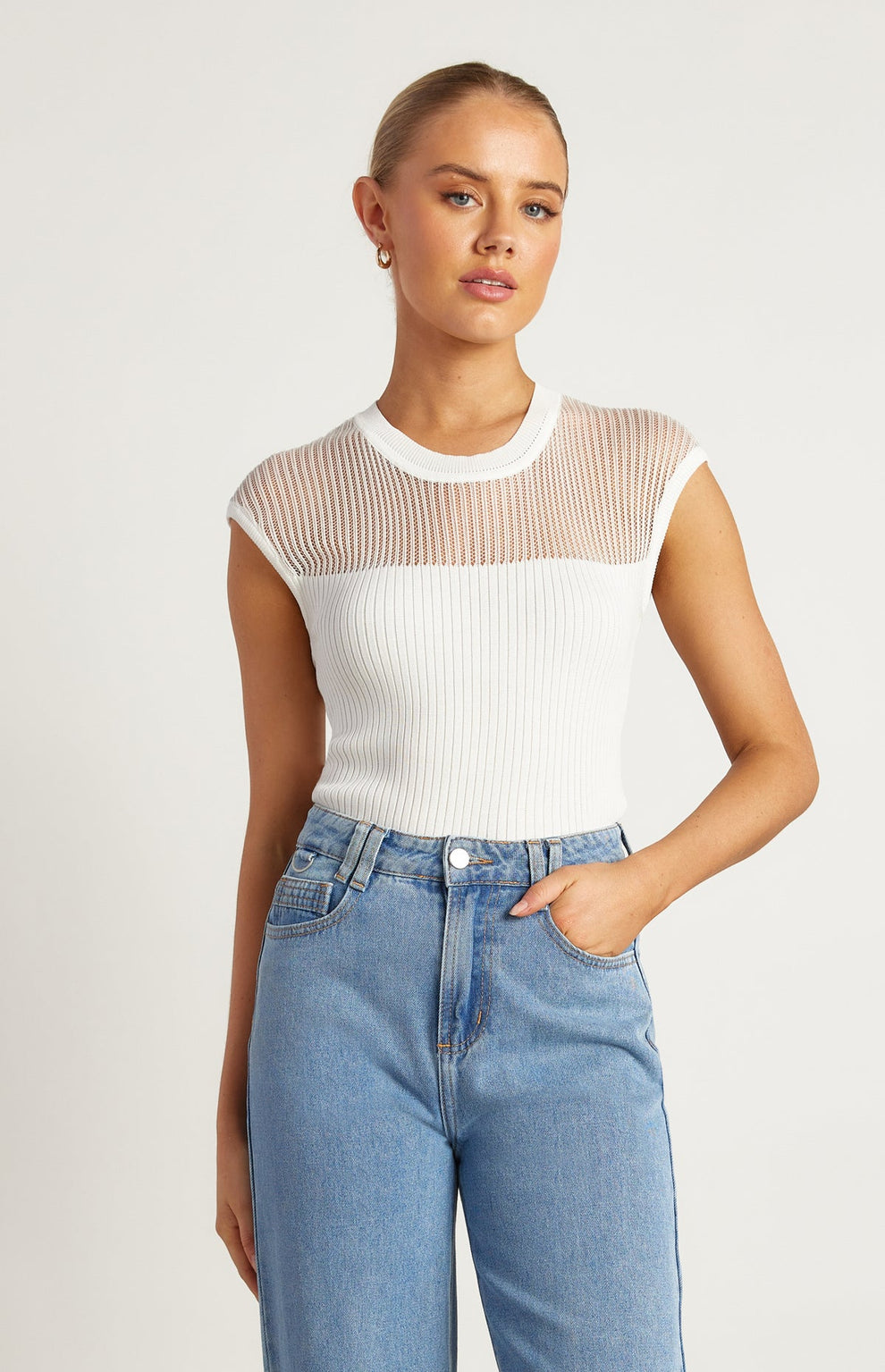 Sheer Stripe Textured Knit Top - White by SWAACE Select